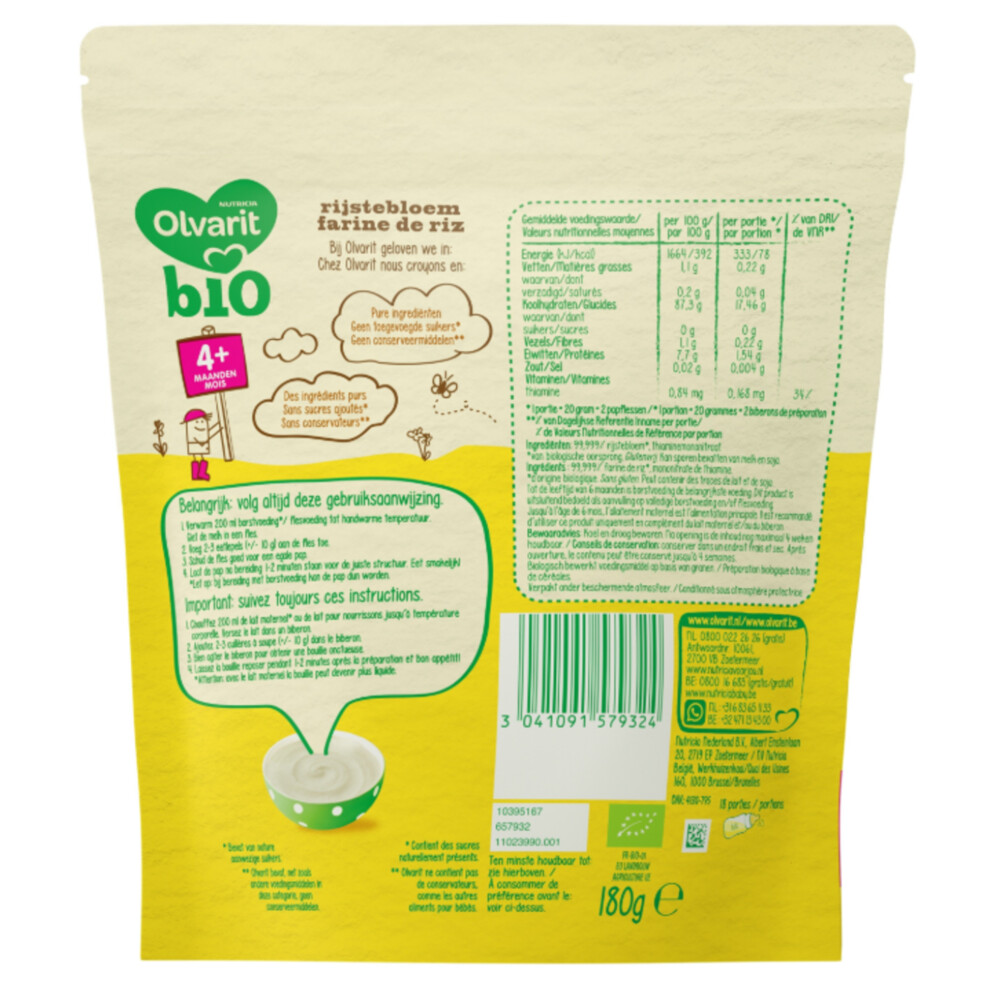 Olvarit Granenpap Bio Rijstebloem 4+ Maanden 180 gr | Plein.nl