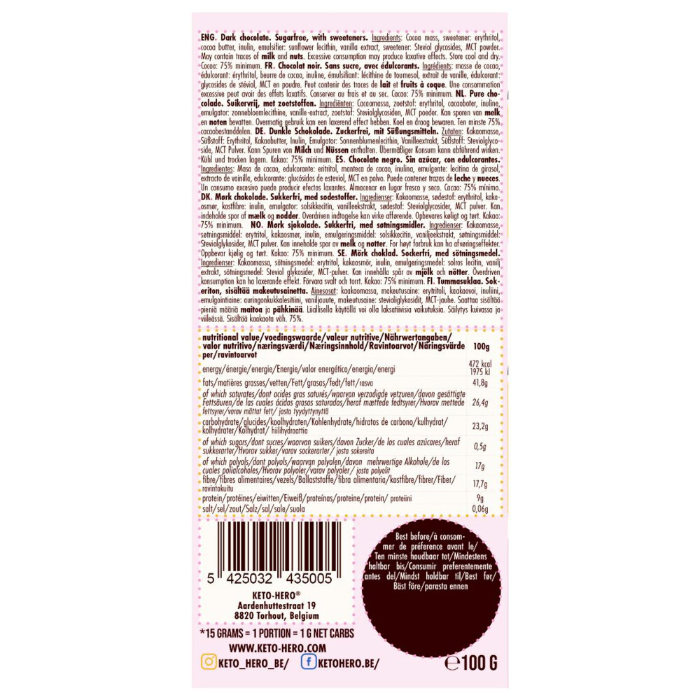 Keto Hero Chocolade Reep Puur 100 gr | Plein.nl