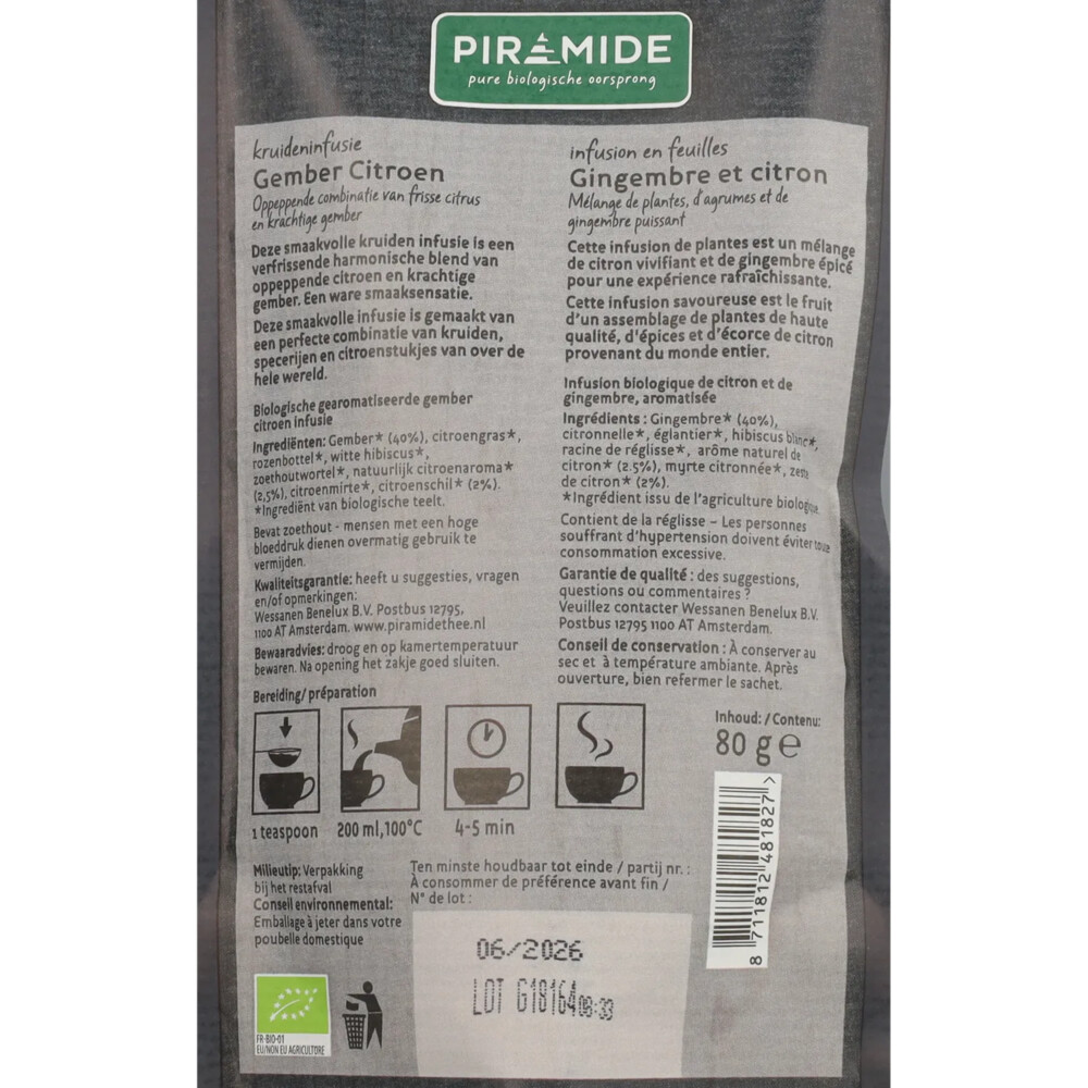 Piramide Biologische Thee Citroen en Gember 80 gr | Plein.nl