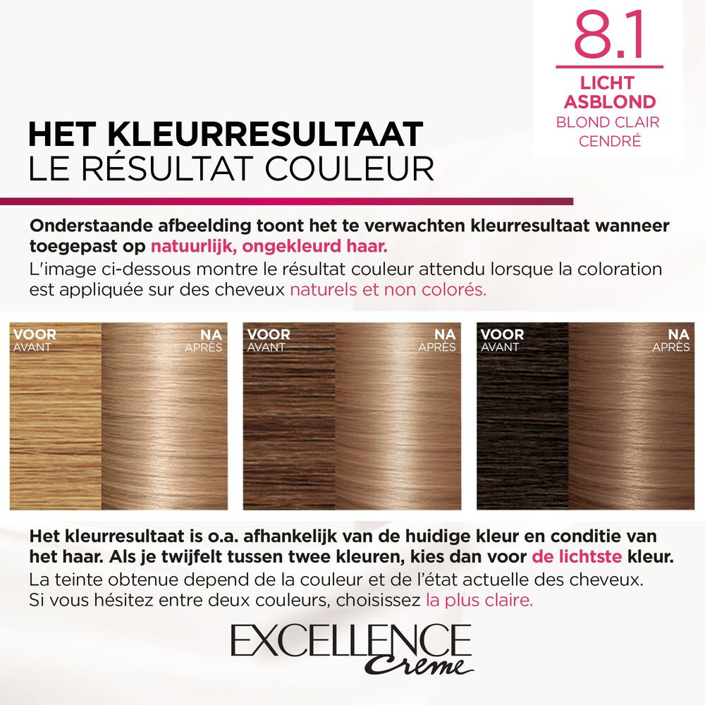 L'Oréal Excellence Crème Permanente Crèmekleuring 8.1 Licht Asblond ...