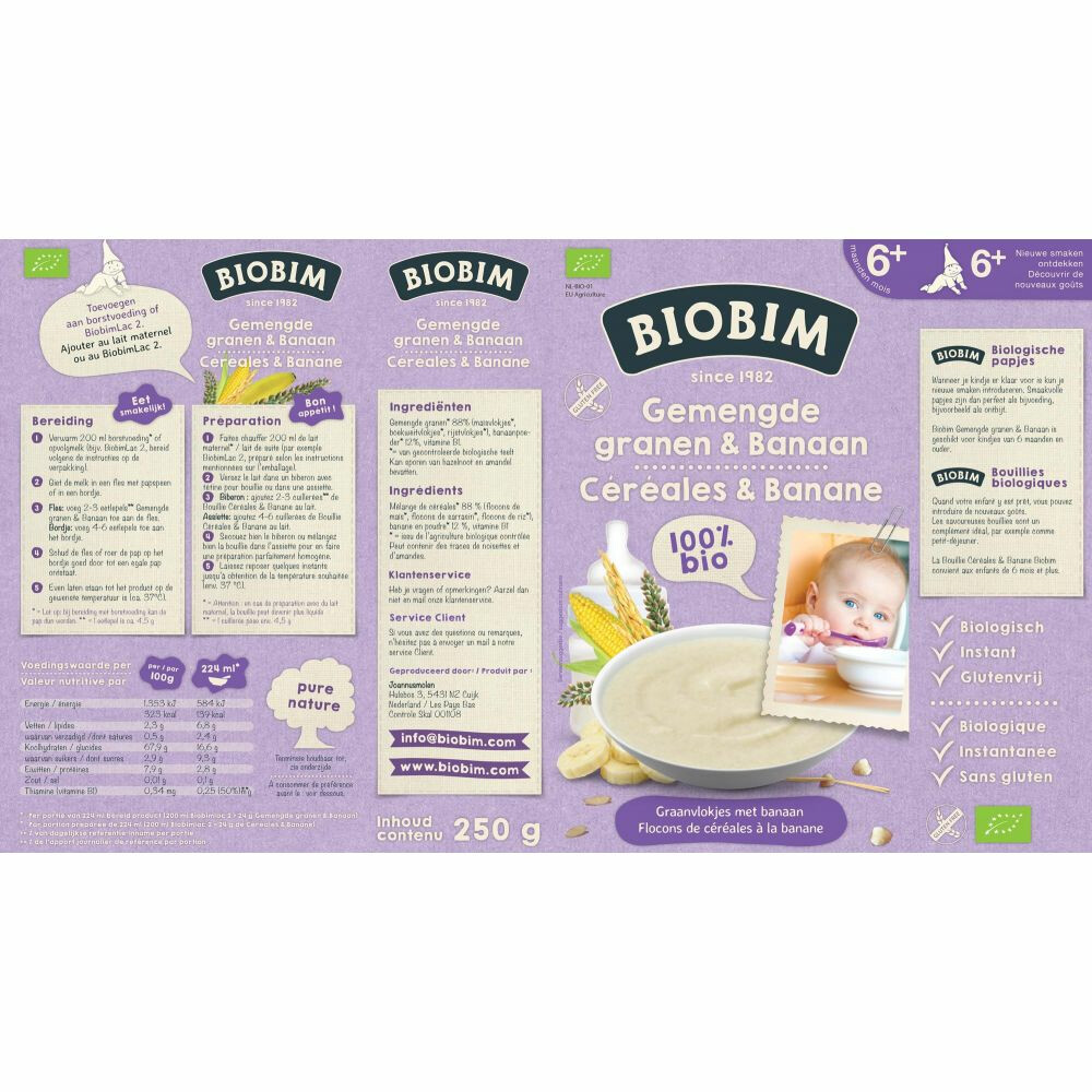 Biobim Papje 6 mnd Gemengde Granen & Banaan 200 g | Plein.nl